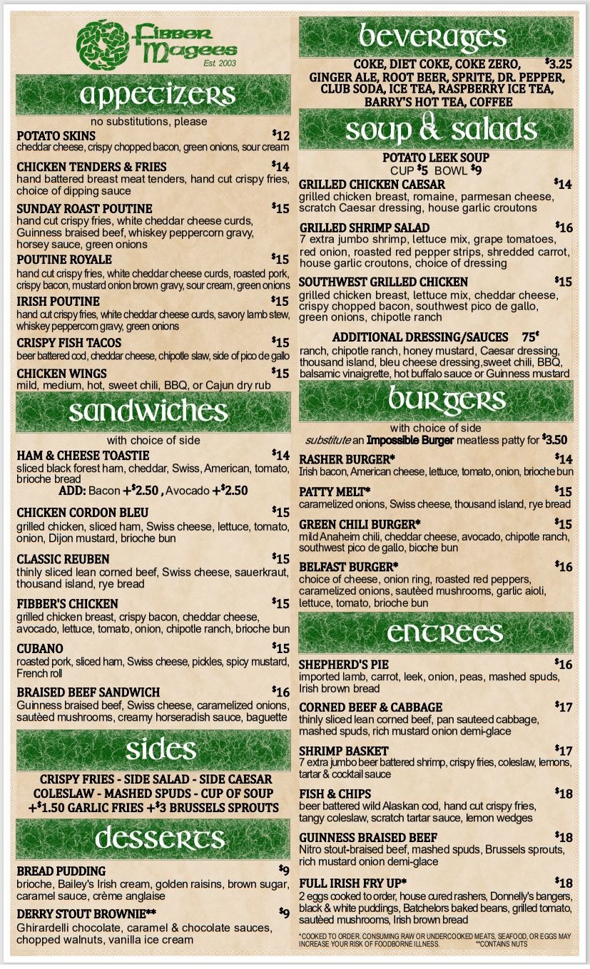 Fibber Magees Menu – paul stanton